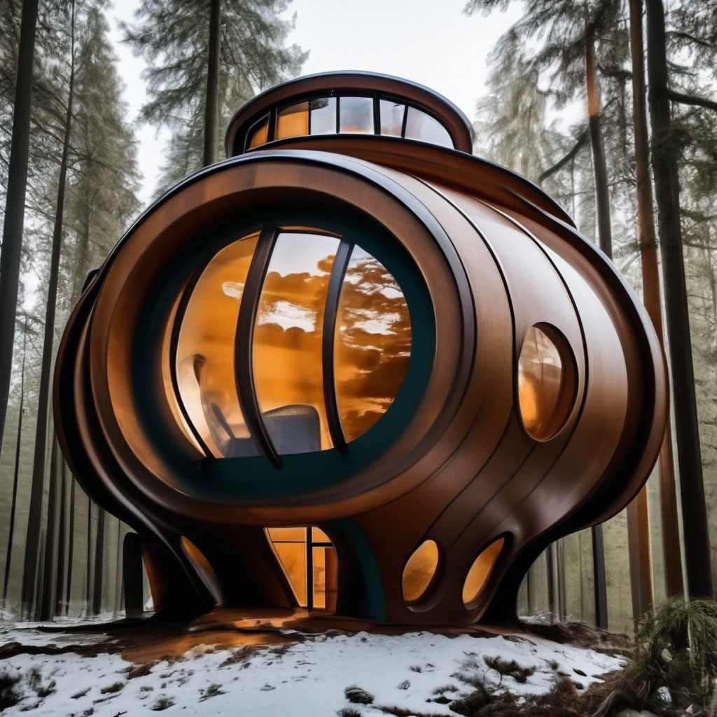 "A biomorphic house with round windows on top of a giant Sequoia ...