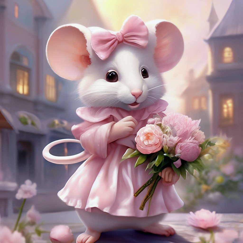 "Elegant very cute ultra white angle Mouse with bows on her head, in a ...