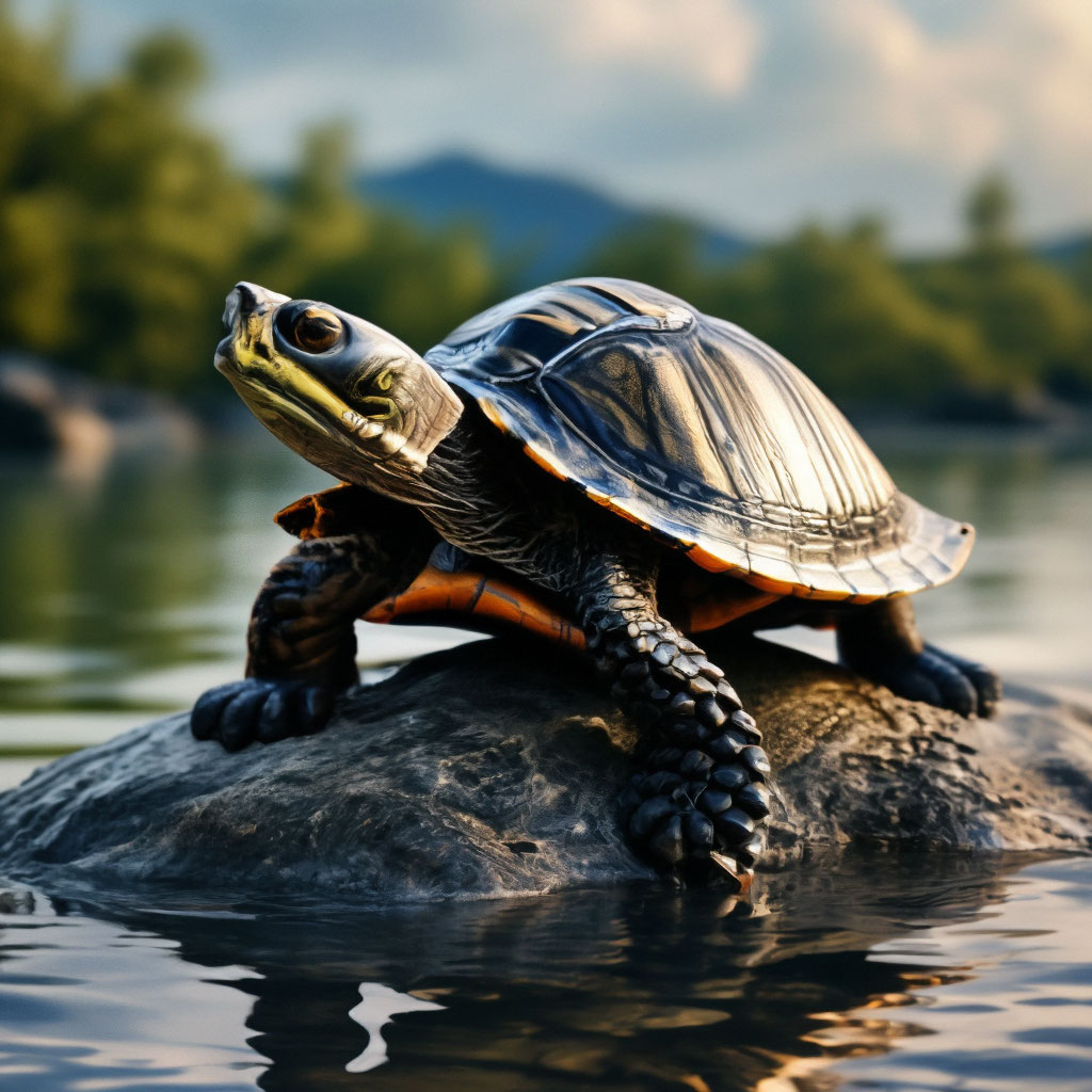 "Turtle on a rock by the river" — image created in Shedevrum
