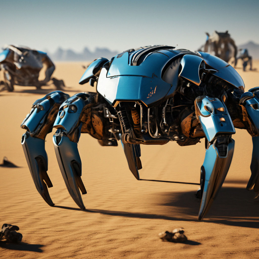 "Giant crab robot on the test site, against the background of the ...