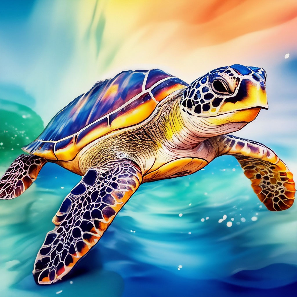 "Cartoon sea turtle, 2d drawing, watercolor+vector graphics, thin clear ...