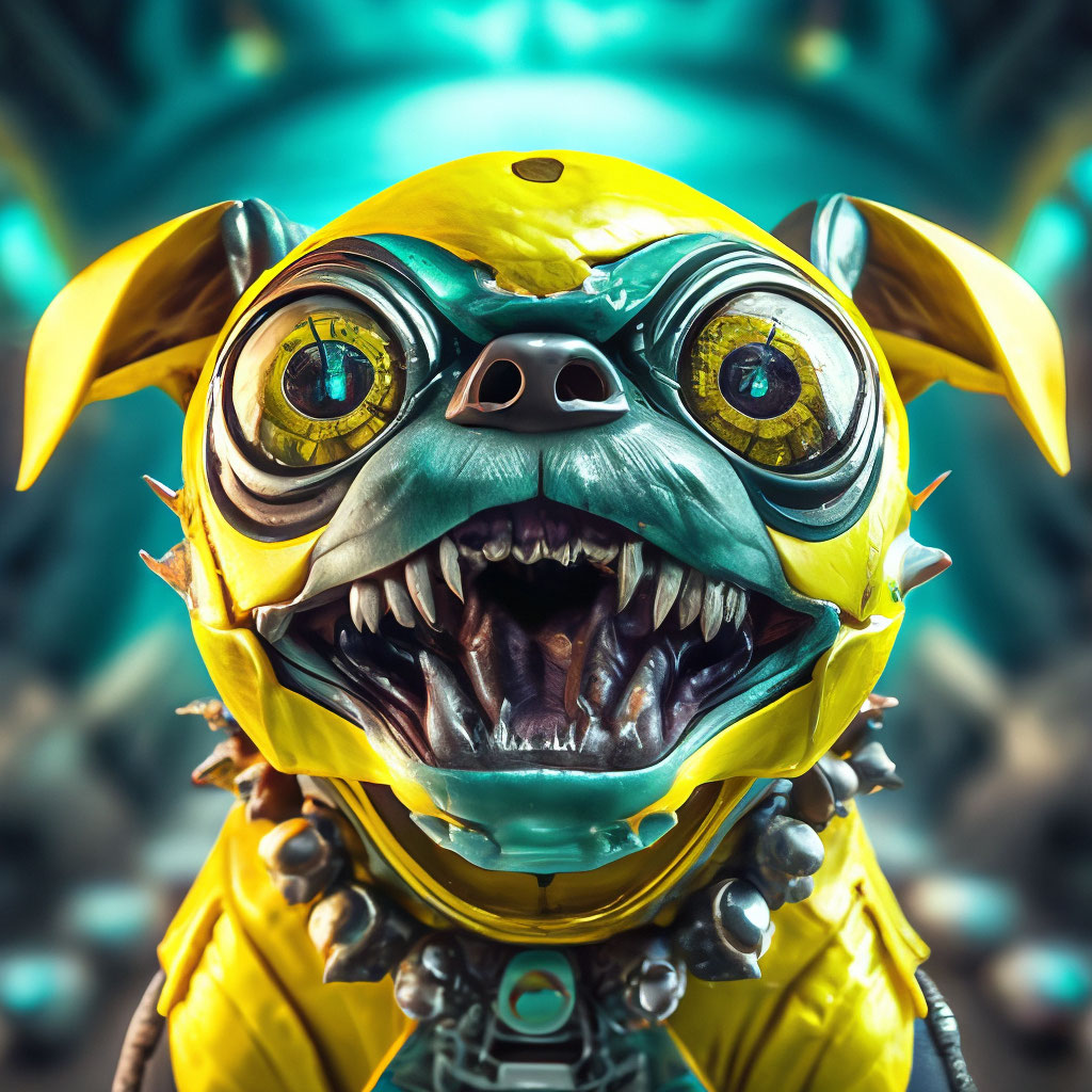 "Turquoise yellow alien pug with horns, wide open mouth with dozens of ...