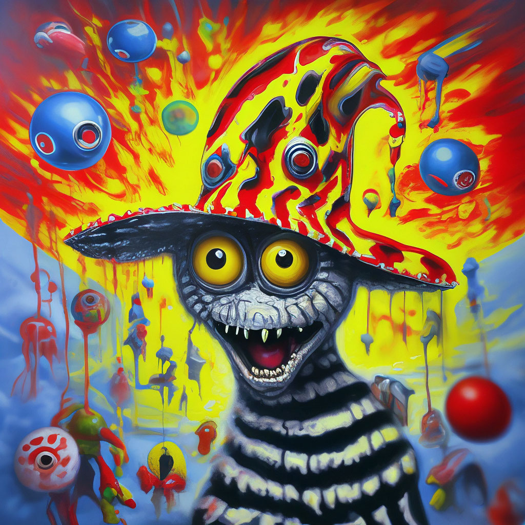 "Painting,The very long tongue of the hat yellow red zebra snowman ...