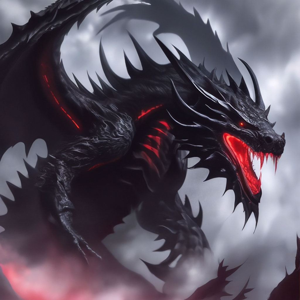 "Shadow dragon, black scales, red eyes, huge scary black wings, ominous ...