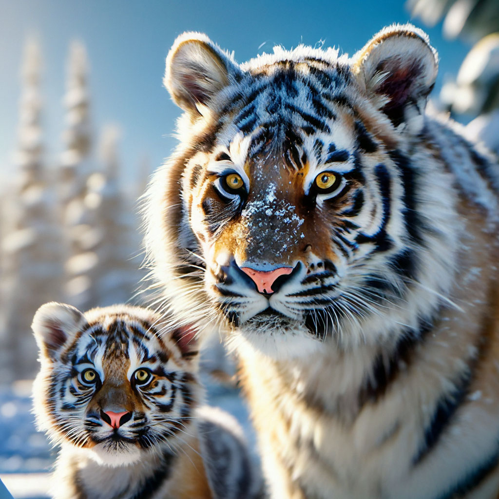"A sunny frosty day, a fluffy young tigress, hunts,looks at the viewer ...