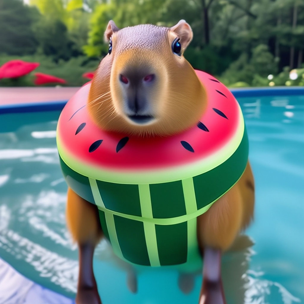 "Capybara in a watermelon swimsuit" — image created in Shedevrum