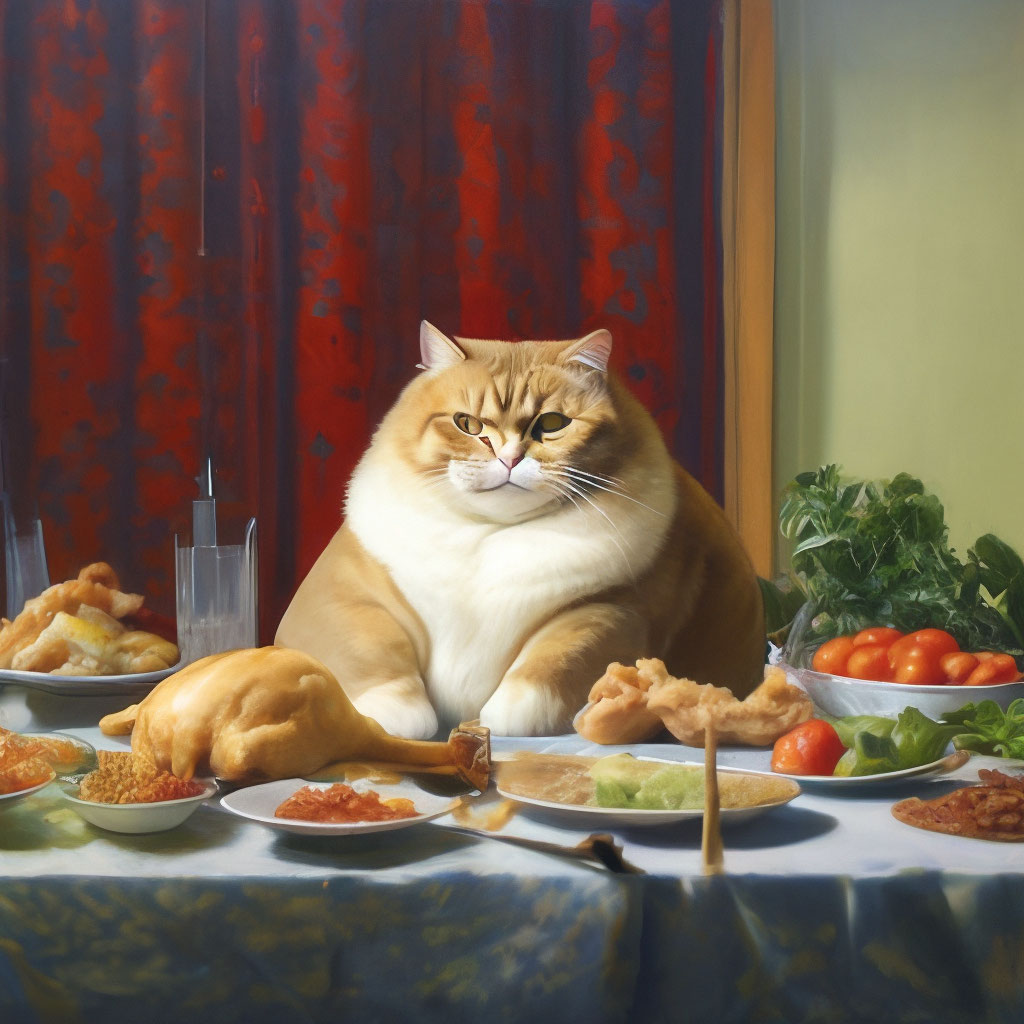 "A fat, matured cat with a haughty muzzle sits at a table covered with ...