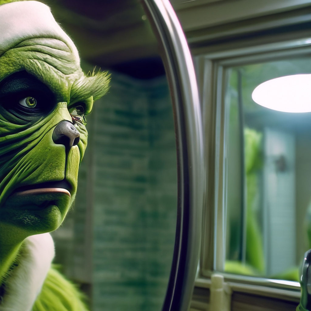 "In front of the bathroom mirror, the Grinch discovered the features of ...