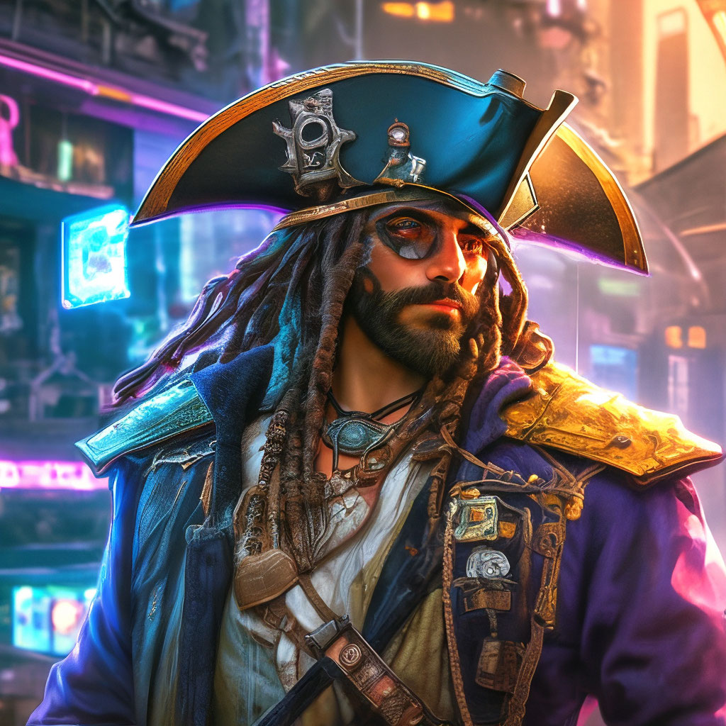 "Go to my zen techvibe profile link cyberpunk pirate" — image created ...