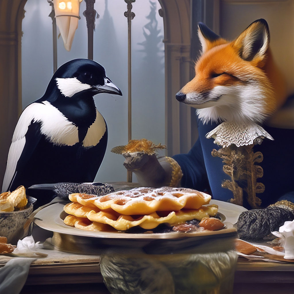 "A magpie and a fox have breakfast in a tavern with Viennese waffles ...