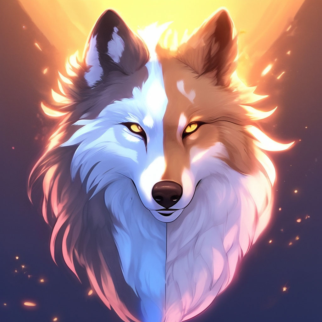 "Anime beautiful fluffy chimera wolf, (two-faced chimerism), with a ...