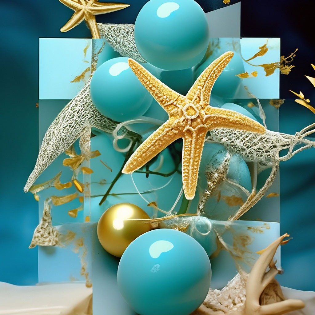 "Cubism, turquoise openwork, starfish and pearls made of sand and ...