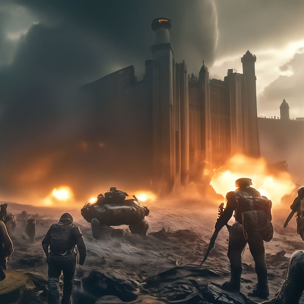 "Fortress siege, armored vehicles, warriors with firearms, explosions ...