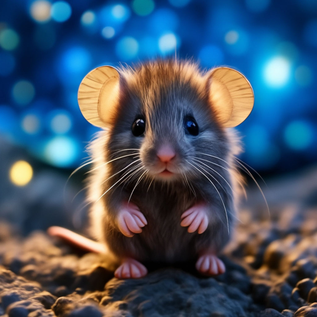 "Realistic tiny fluffy baby mouse sitting under the night sky" — image ...