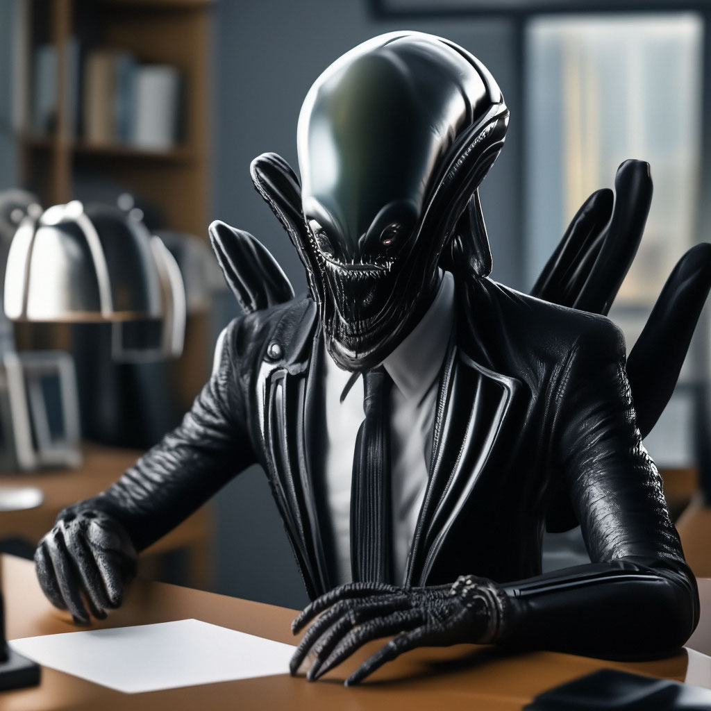 "A xenomorph in a suit is sitting in the office" — image created in ...