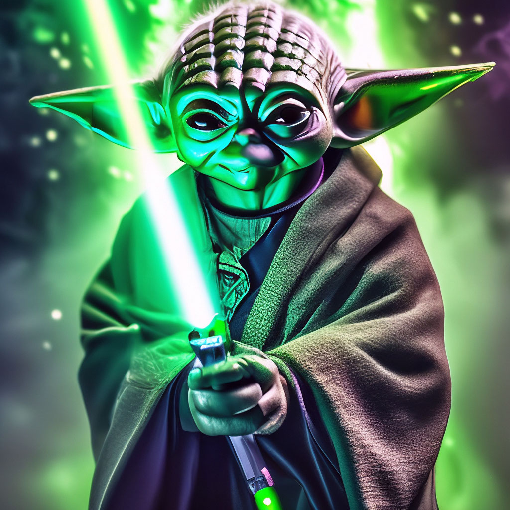 "Master Yoda,with a double lightsaber,made of green colored smoke,in ...