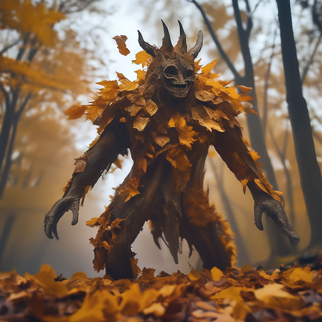 "Spirit of leaf fall, anthropomorphic creature, golem of autumn leaves ...