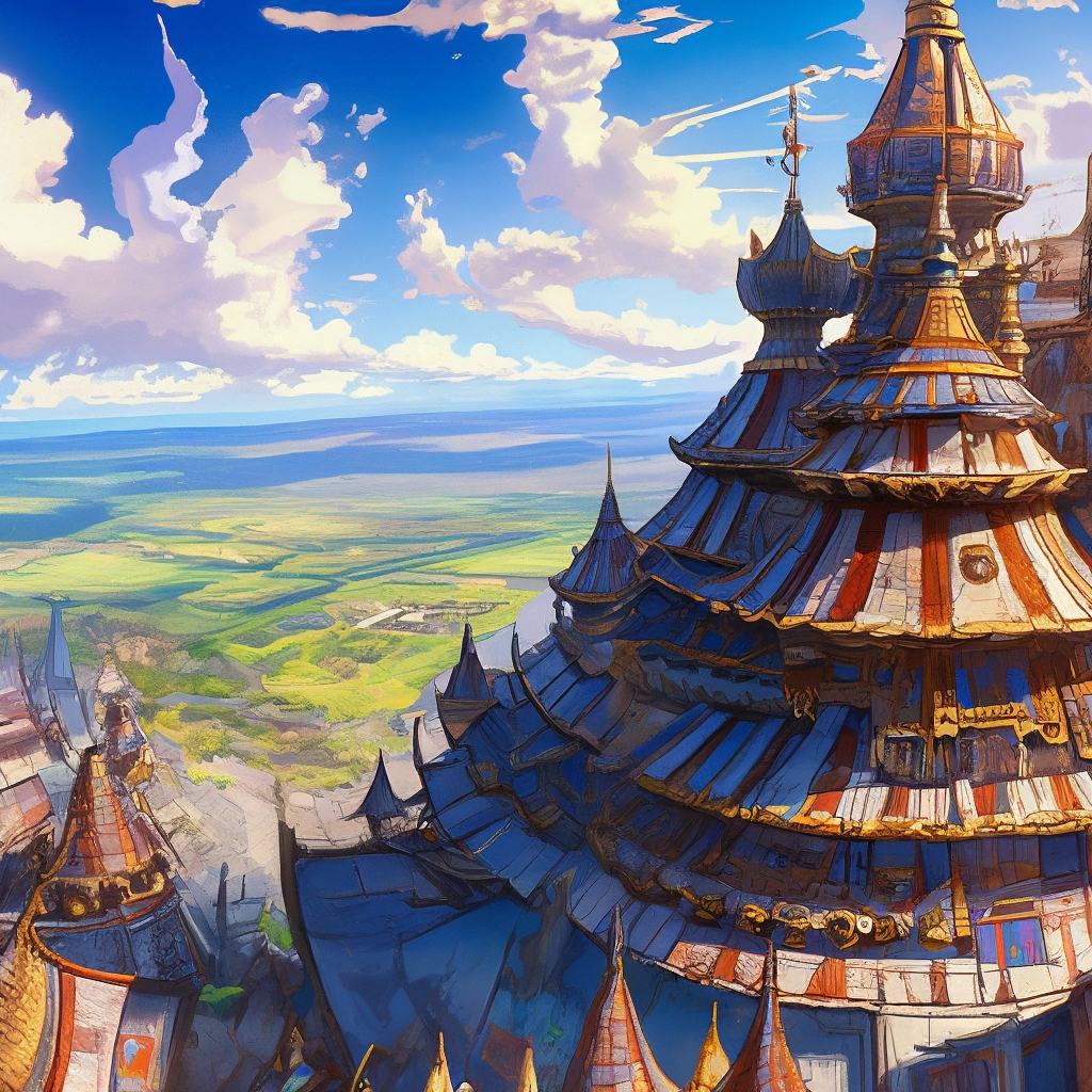 "Panoramic view, howl's walking castle in the form of multi-headed ...