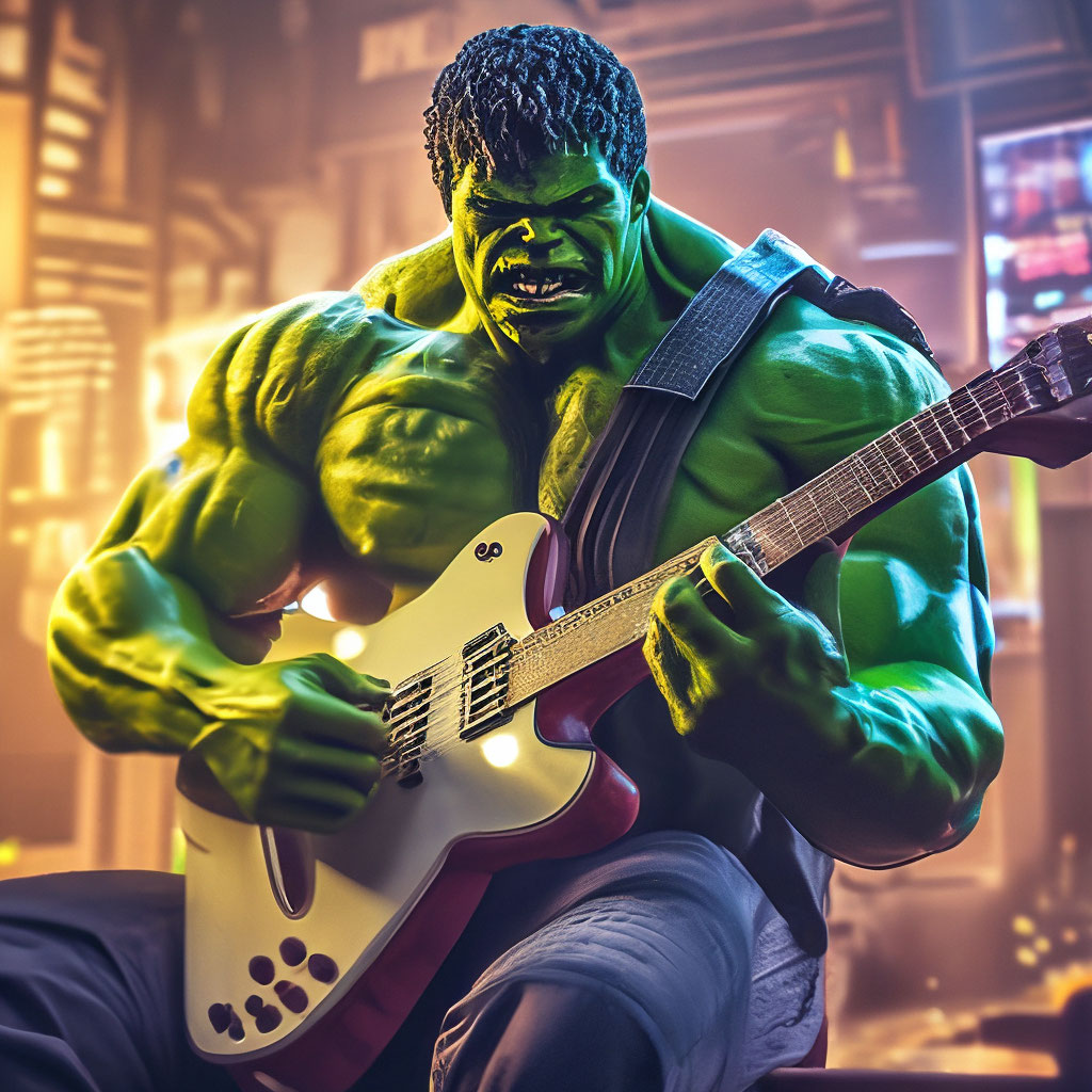 "Hulk with a guitar in his hands forces and plays , cyberpunk ...
