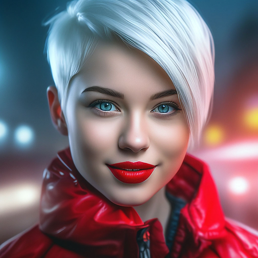 "Beautiful girl, white hair, buzz cut haircut, expressive eyes, sly ...