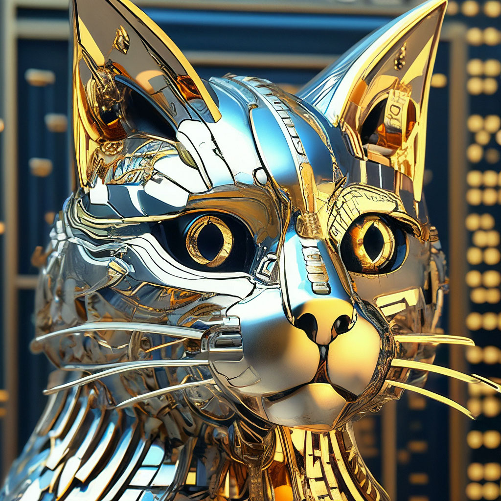 "Beautiful bimetallic cyber cat, high detail, full-face cat, art deco ...