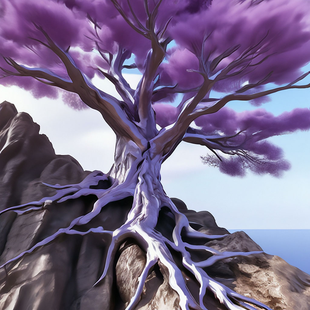 "Purple bark of a large tree silver openwork-resin of a tree on the ...