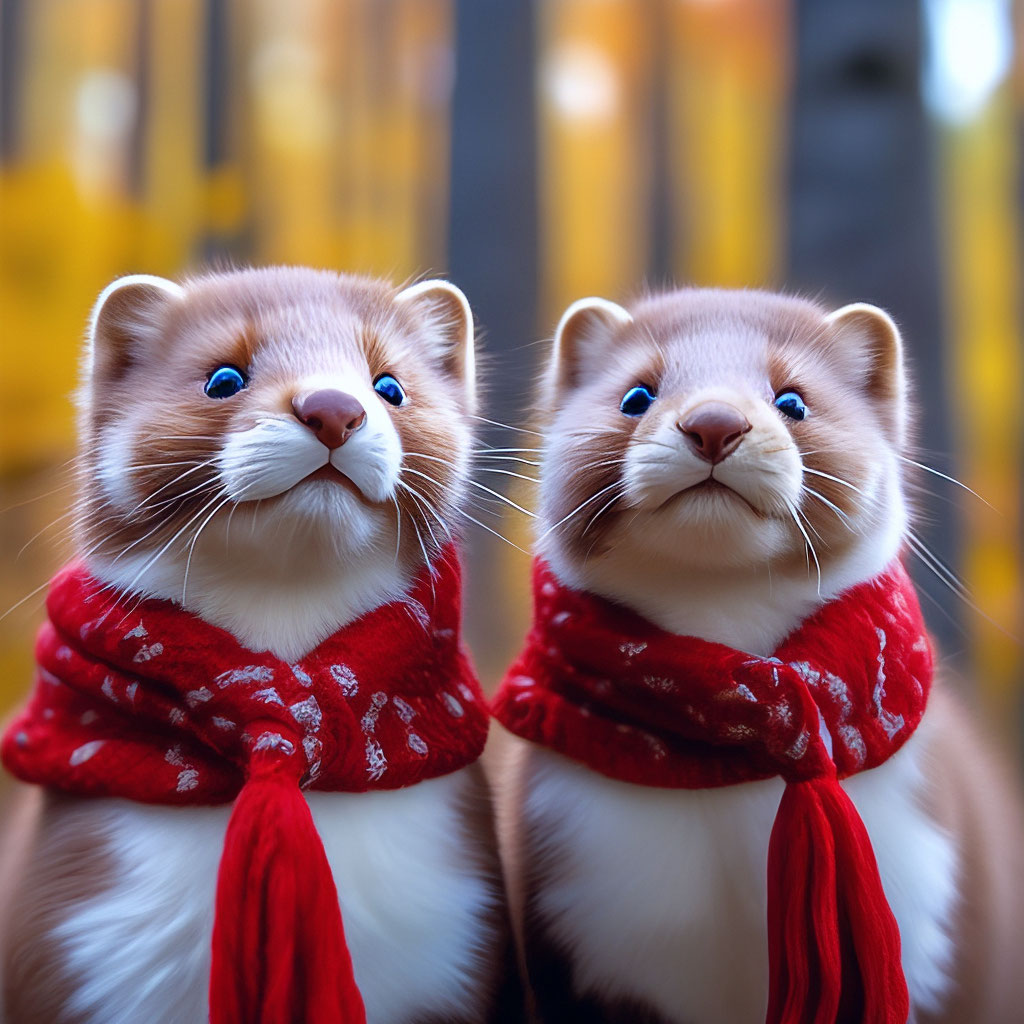 "Mink two minks,funny,full-length,in red and white scarves, in an ...