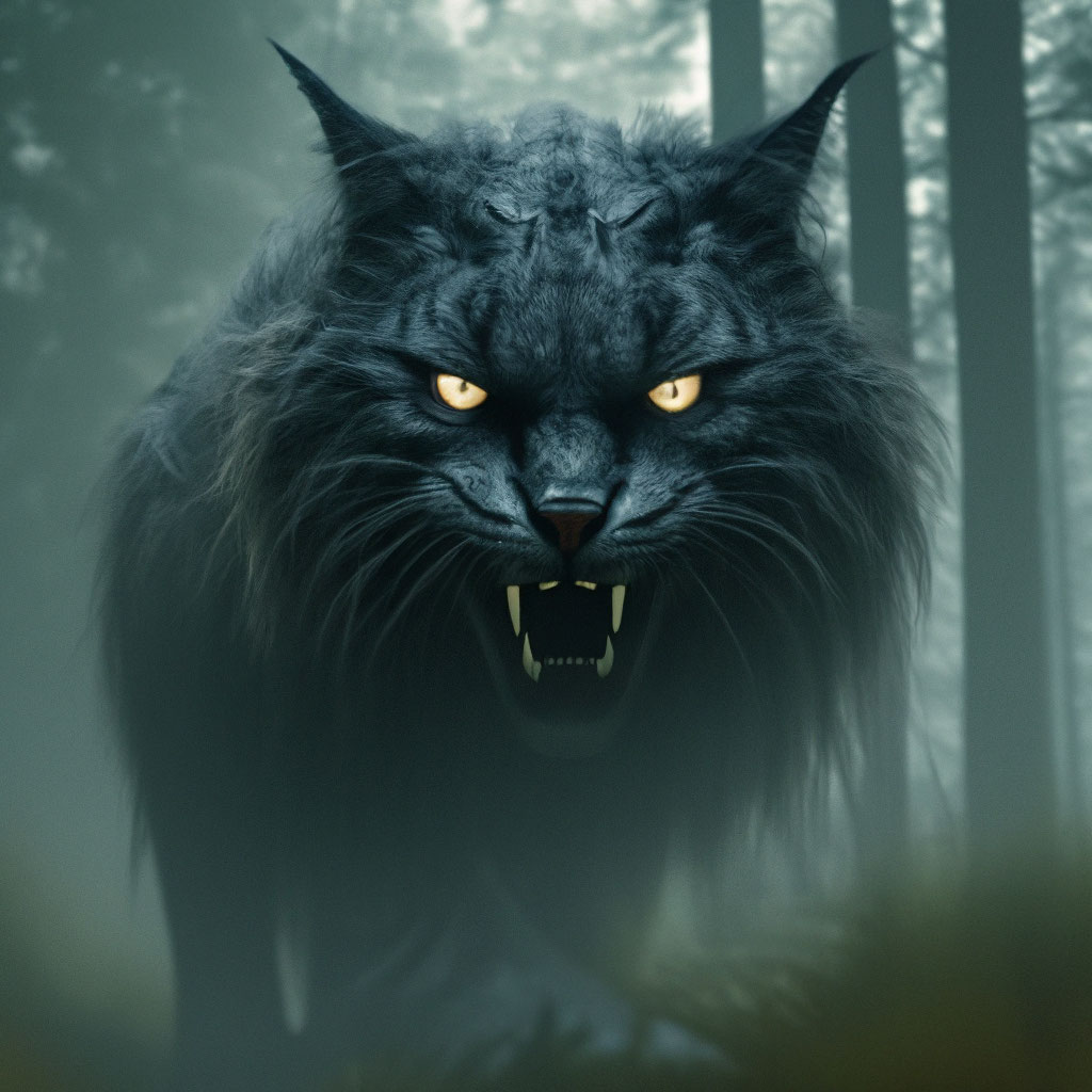 the cat bayun ... huge cat, fluffy , grin , burning eyes , fog , forest ...