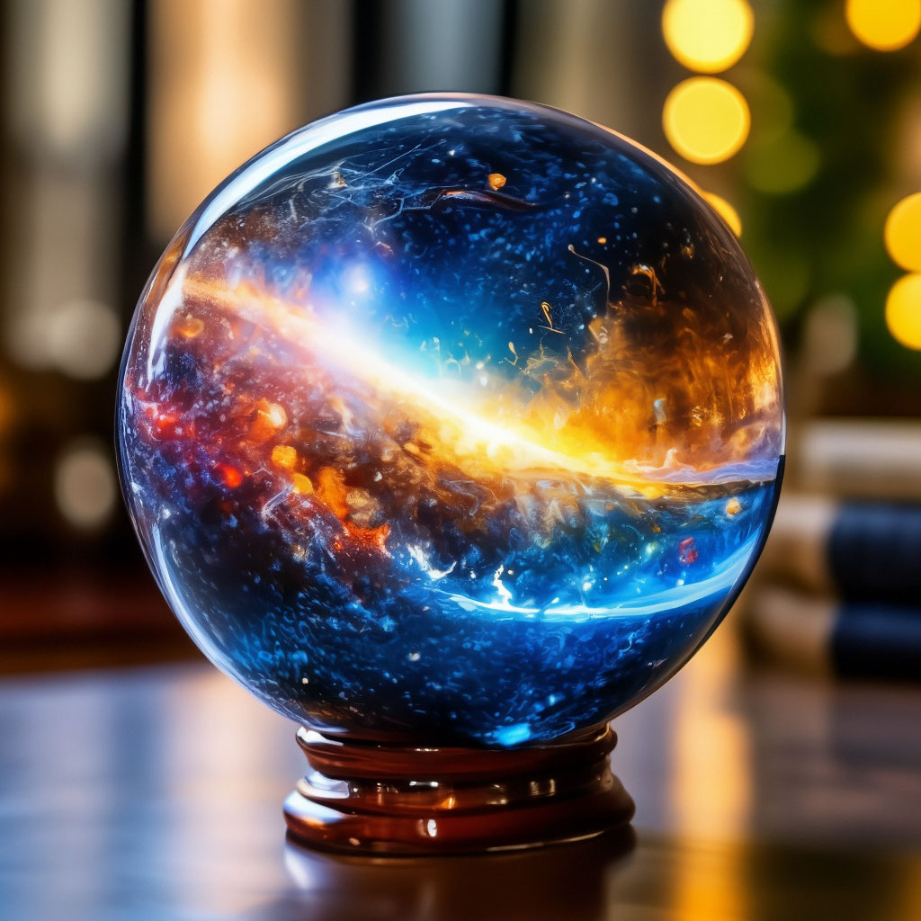 "🌌 an epic crystal ball with space glowing inside, stars, colorful ...