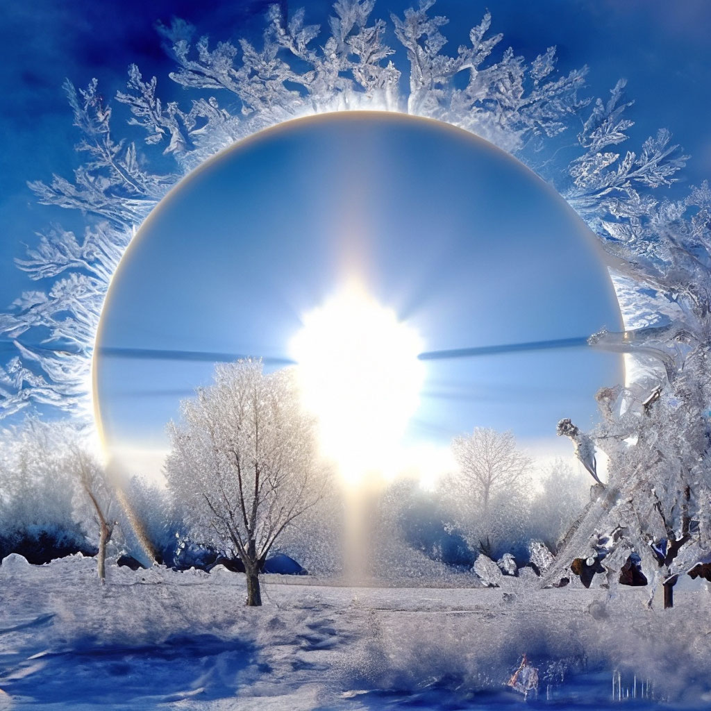 "The sun of December, bright white disk of the sun in frosty patterns ...
