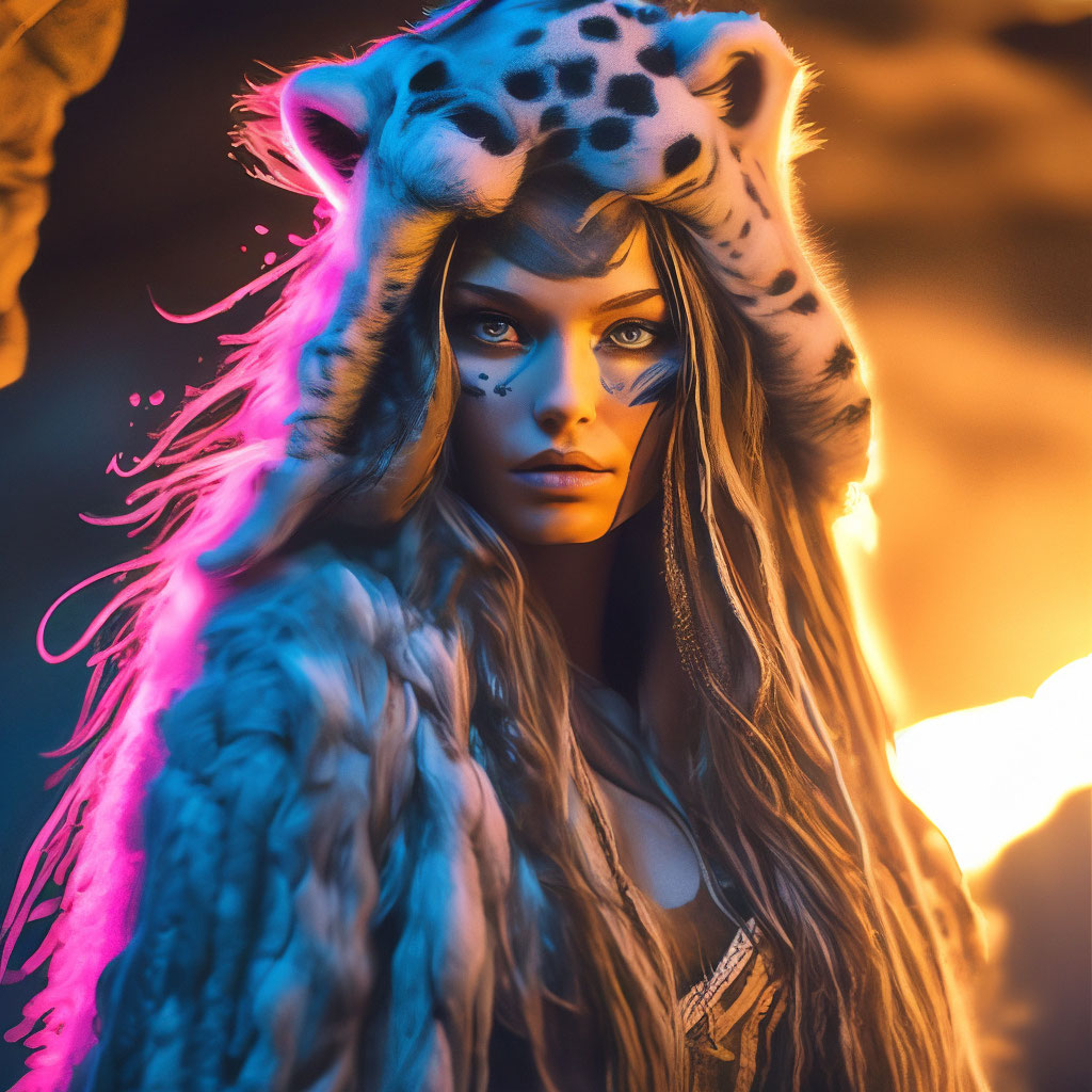 "Professional photo, anthropomorphic wild woman, ancient time, glow ...