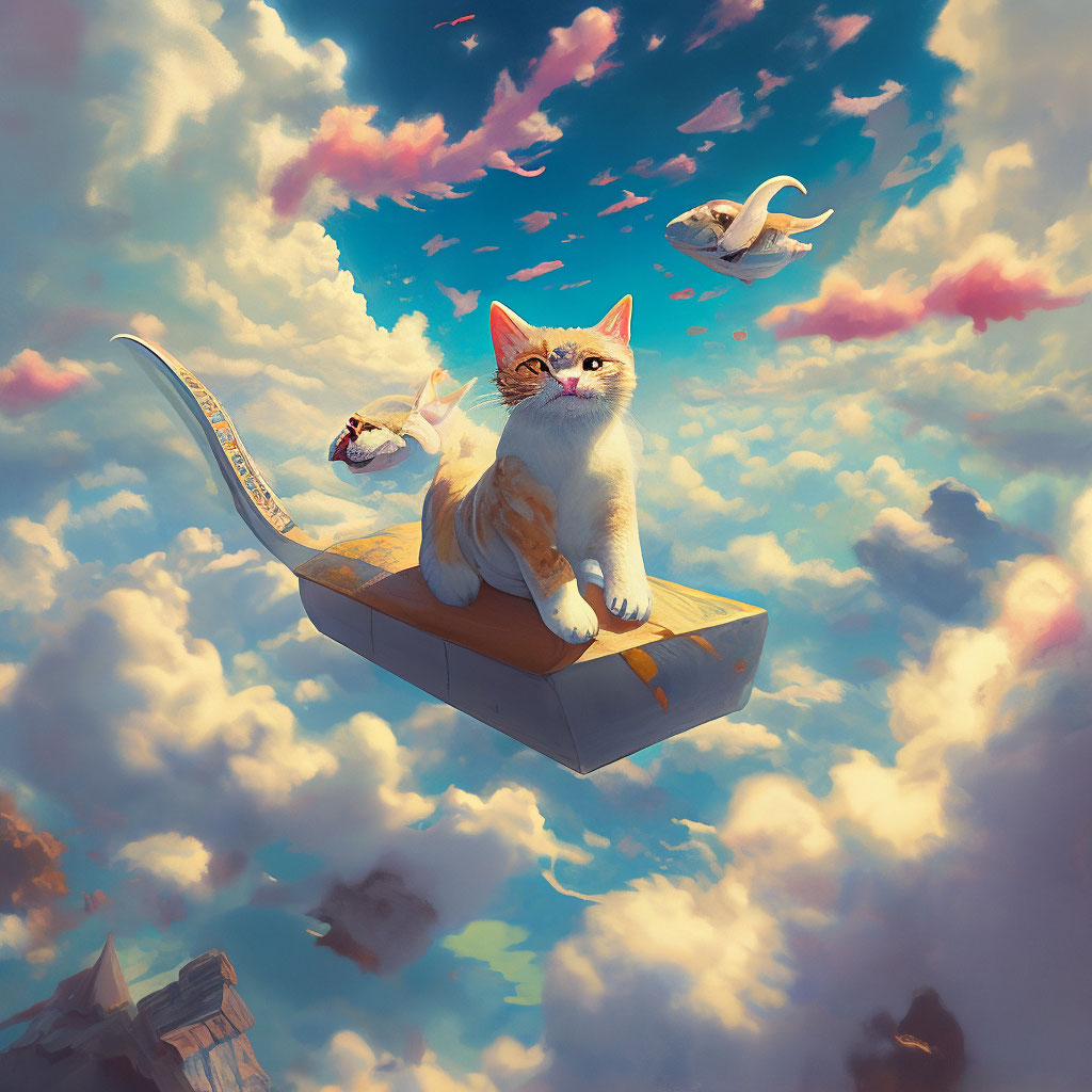 "Cats fly in clouds" — image created in Shedevrum