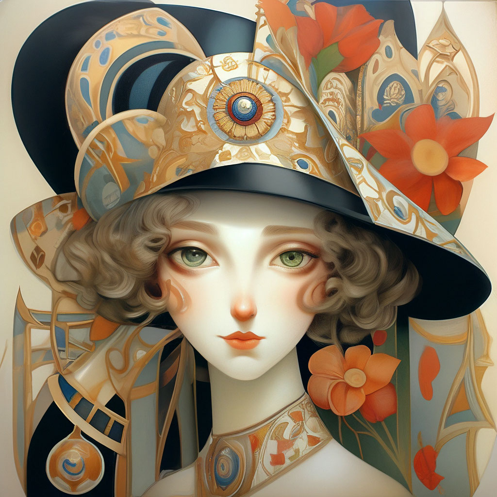 "Girl,hat, expressive eyes, art nouveau, rococo style,flowers, detailed ...