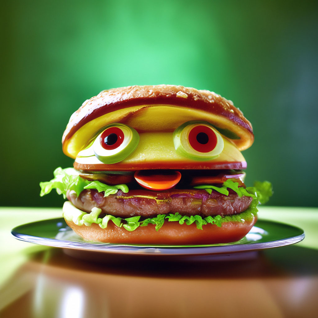 "Anthropomorphic funny hamburger with eyes lying on a plate, funny ...