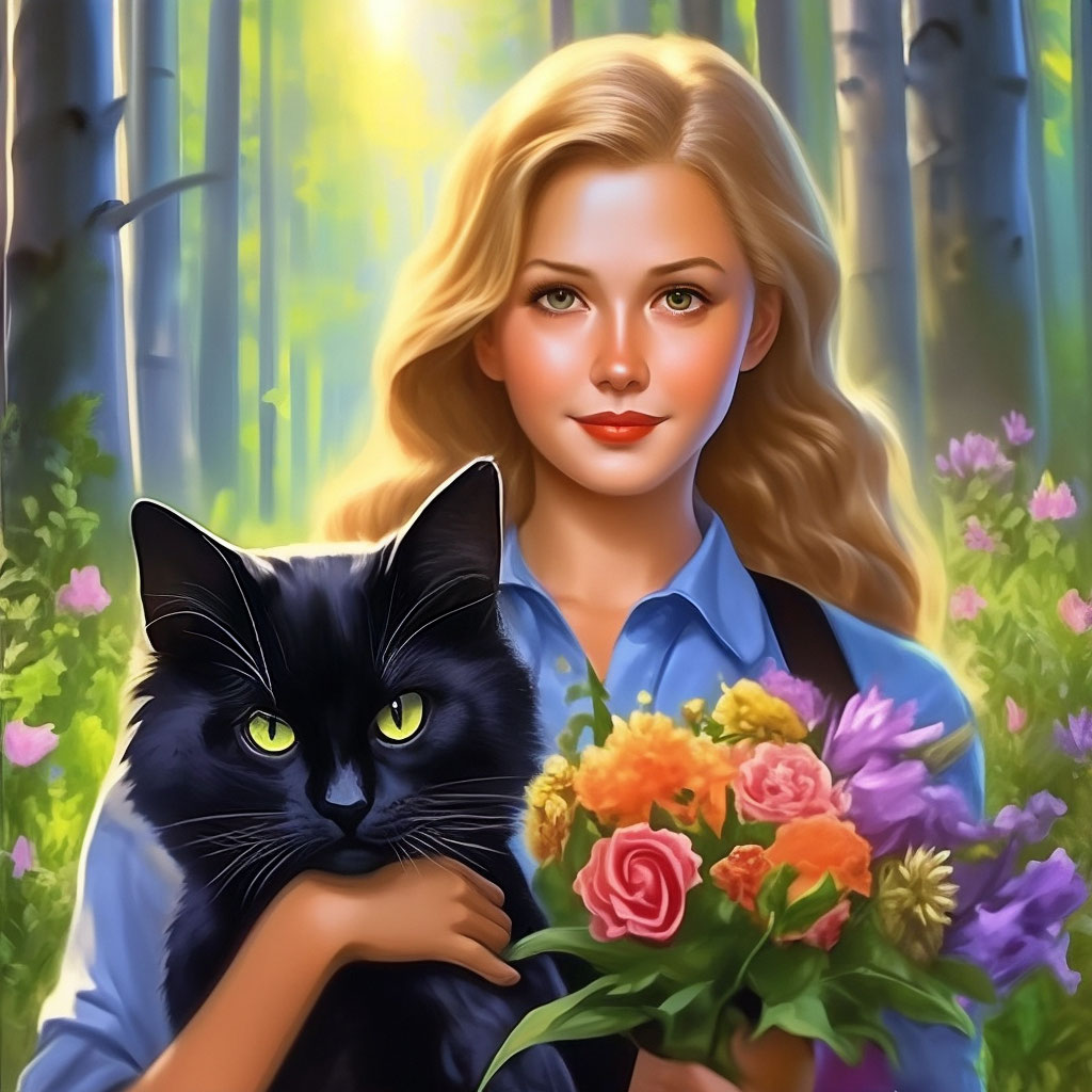 "Young Nancy Drew, next to a big black magic cat, with a bouquet of ...