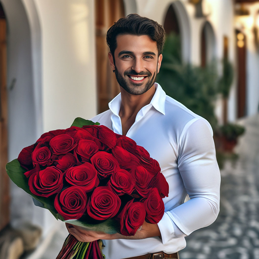 "A handsome Greek guy in a white shirt with a large bouquet of red ...