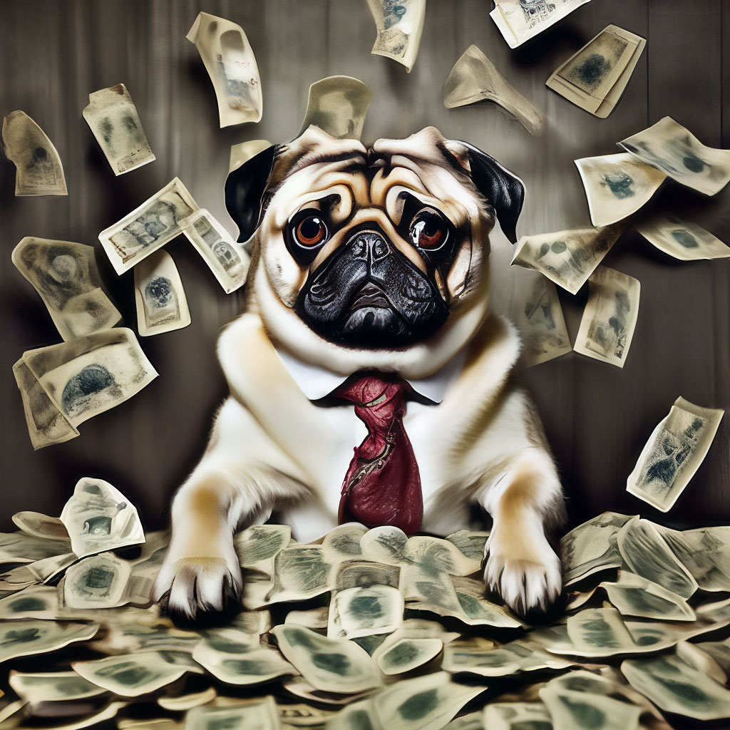 "Pug in the money" — image created in Shedevrum