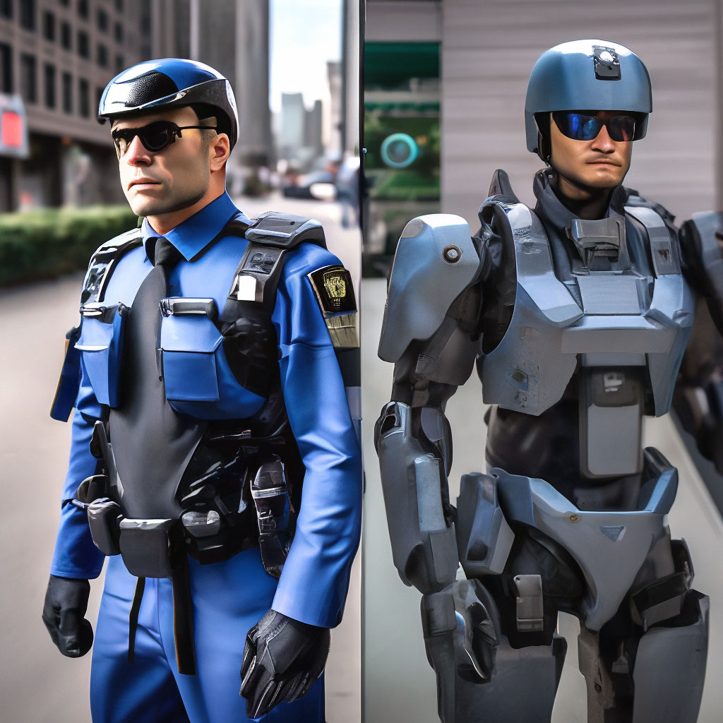 "On the left is an ordinary policeman, On the right is a Robocop ...