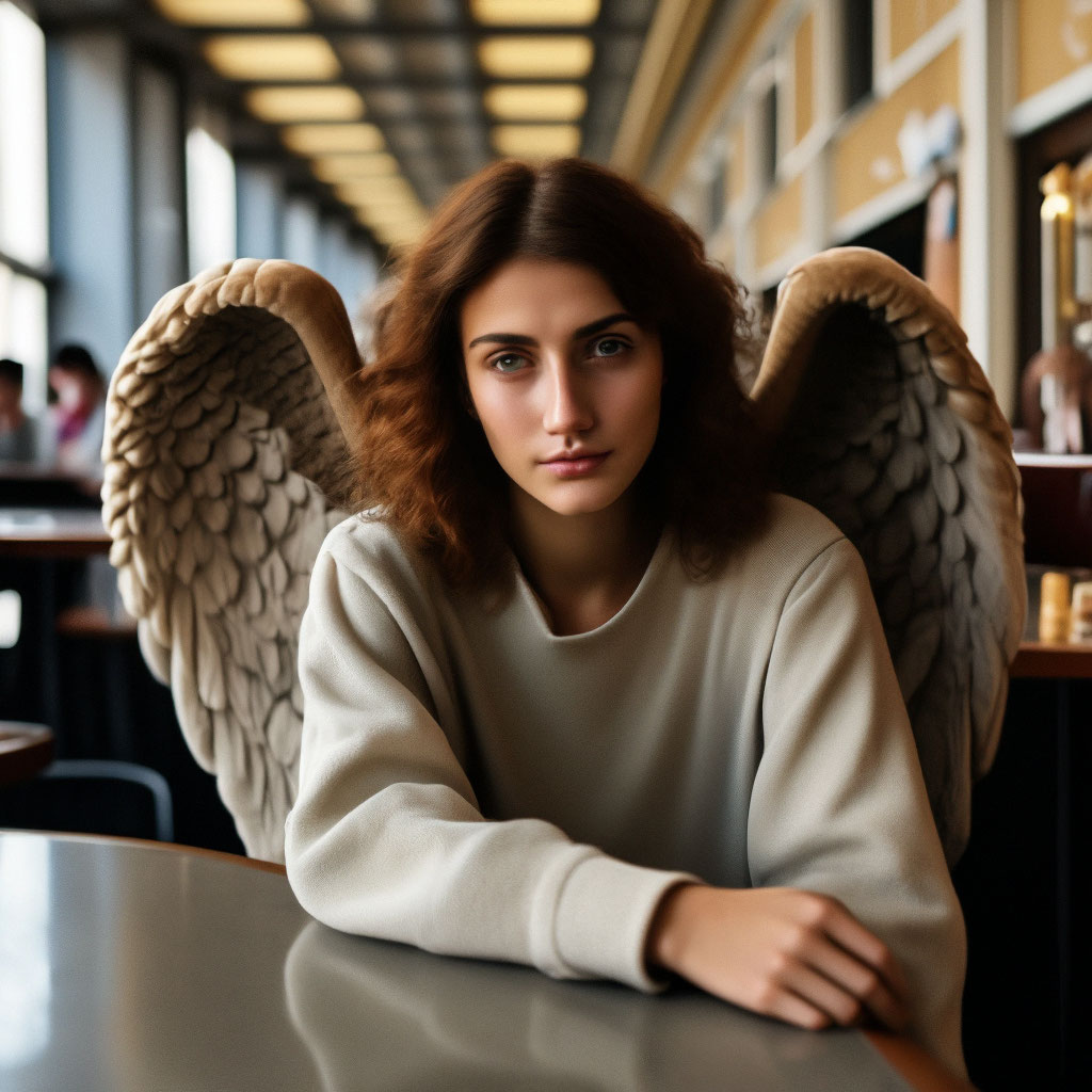 "A Georgian angel with a tired smile is sitting in a bar at the ...