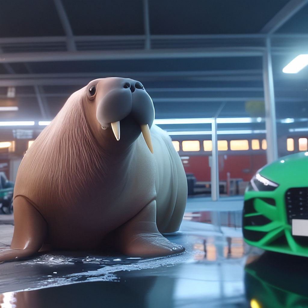 "Walrus at the car wash 4K, night, realistic" — image created in Shedevrum
