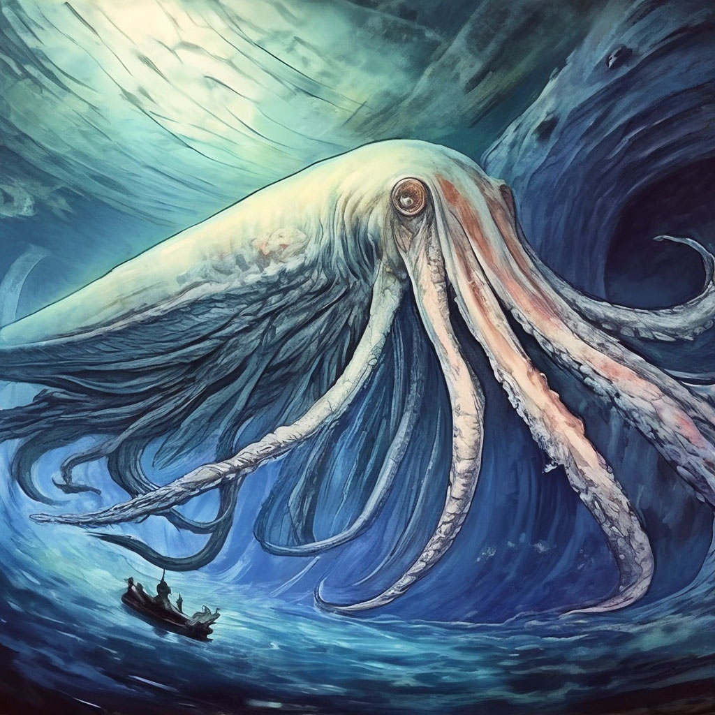 "A giant squid at great depth. the abyss of the ocean, surrealism ...