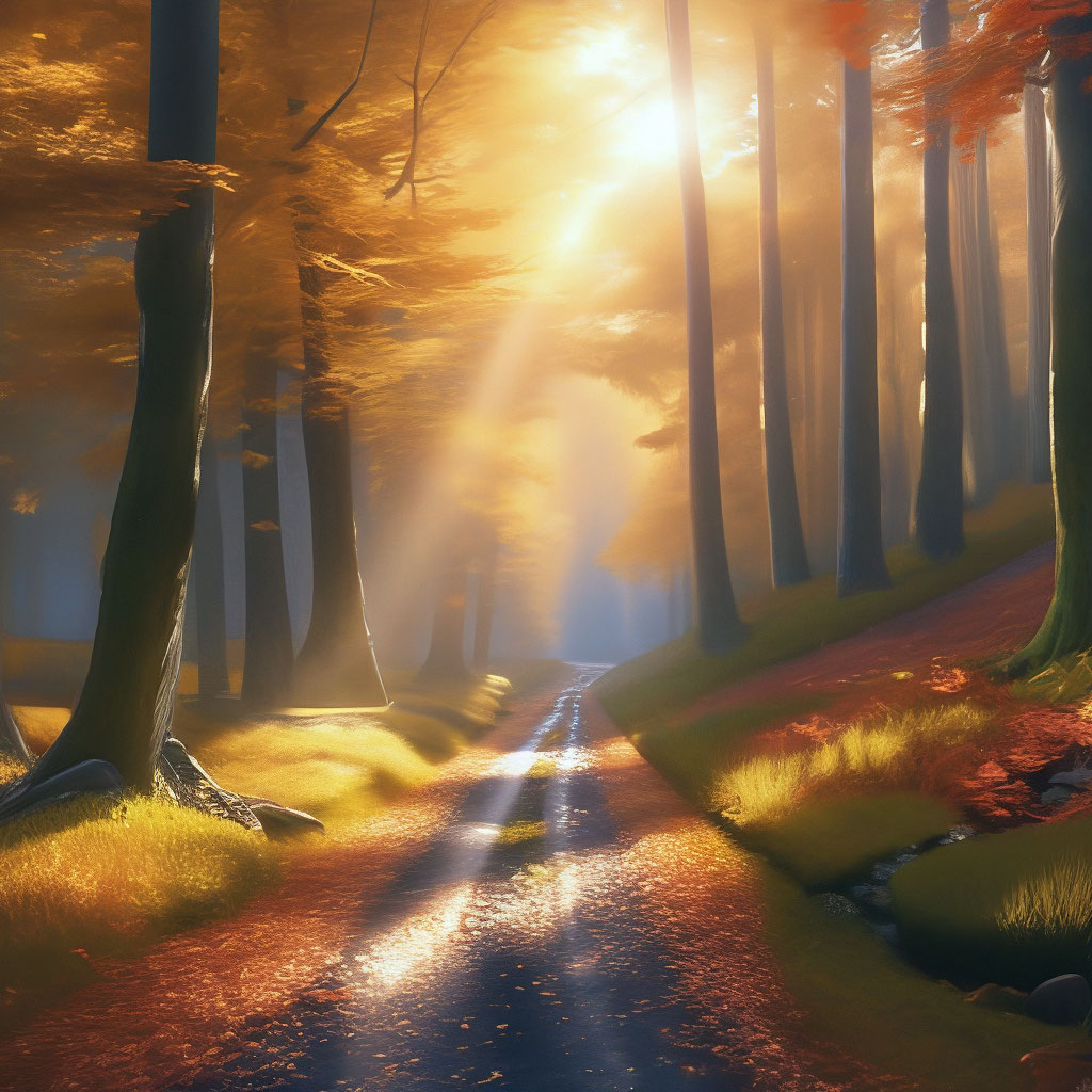 "Forest road in autumn forest, very realistic landscape, soft light ...