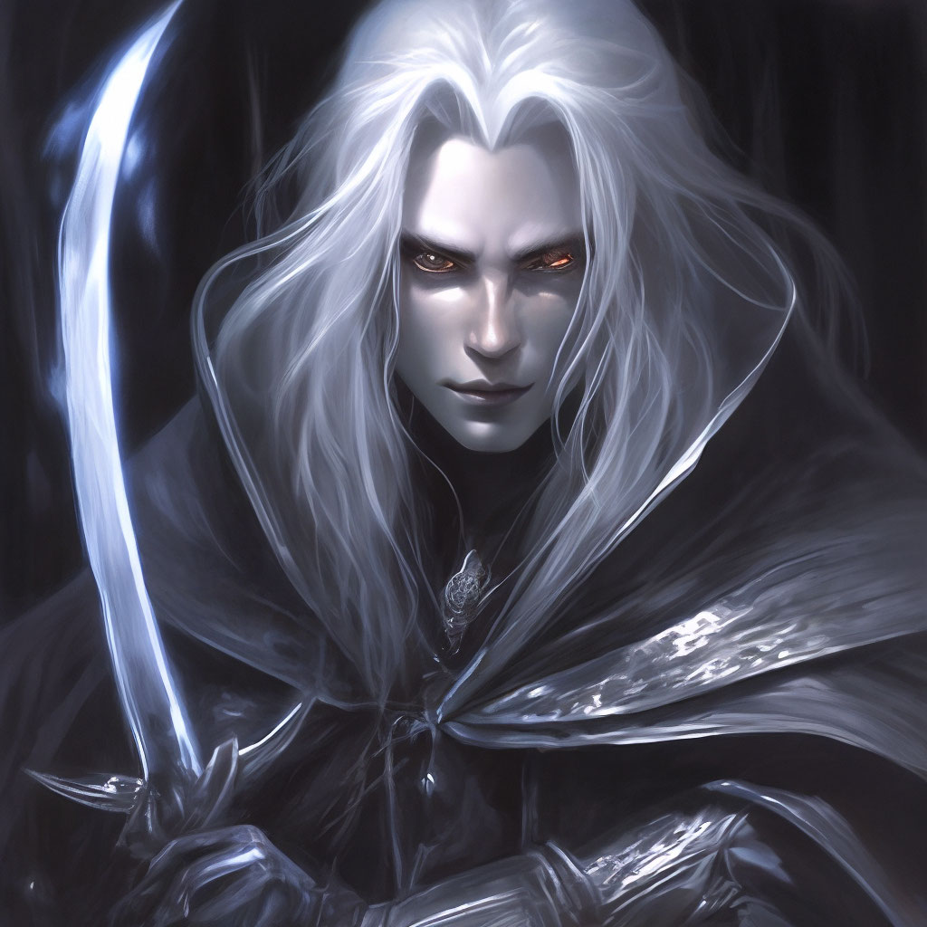 "Elf with gray skin, white eyes, in a black cloak, in a black robe, elf ...