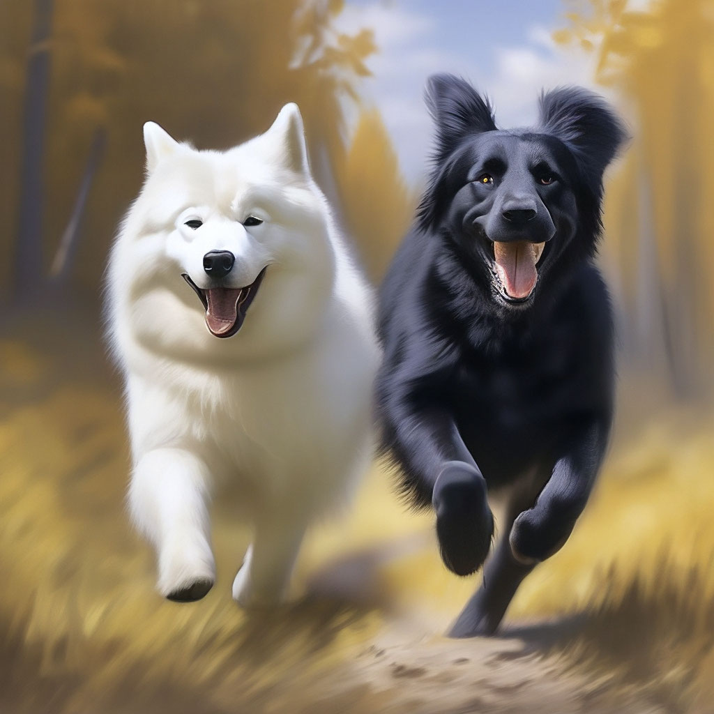 "Dogs are friends, a white fluffy samoyed and a black labrador ...