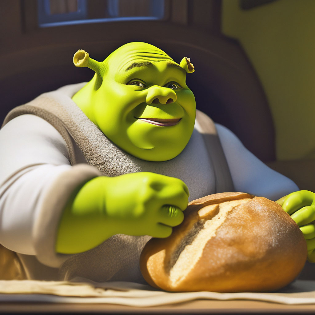 "A fat ball of bread is hiding from the giant Shrek" — image created in ...