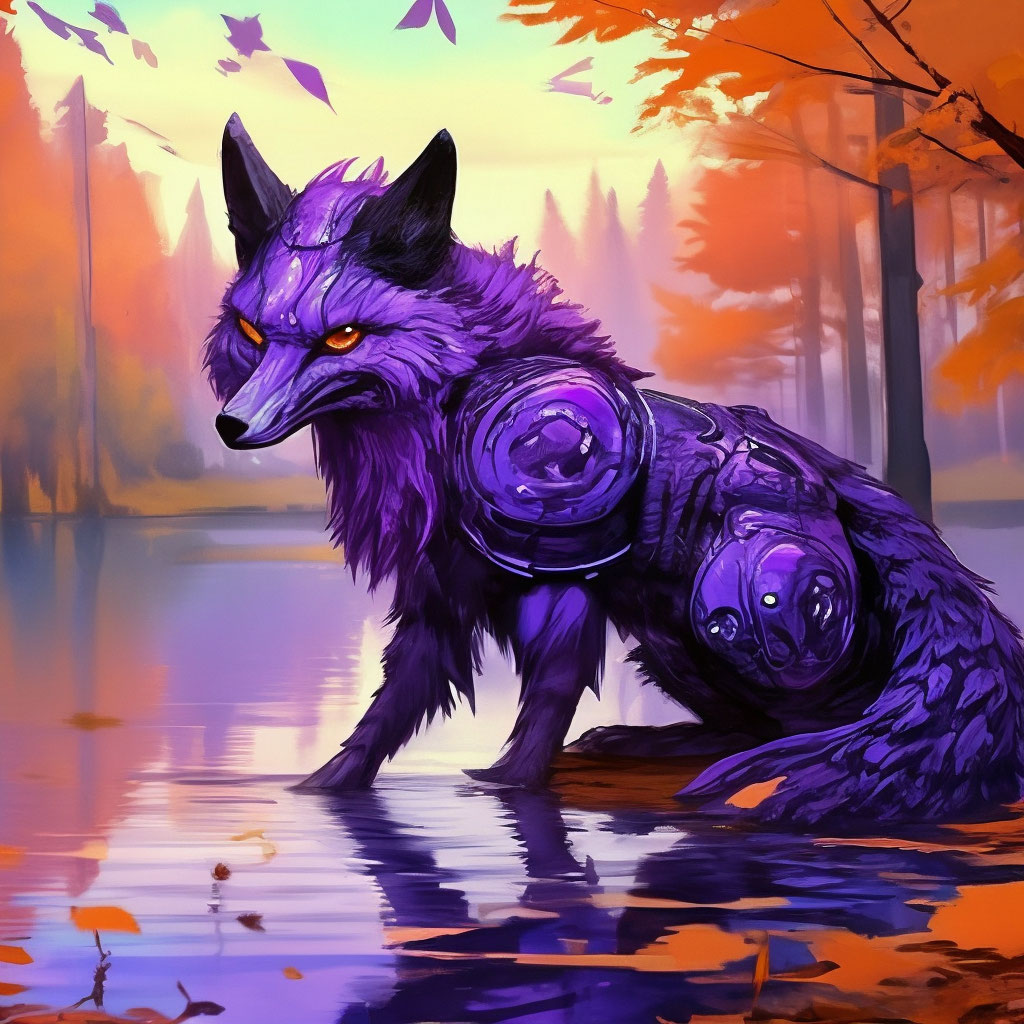 "🦊 purple hybrid of an old fox and a crow lies by the lake in the ...