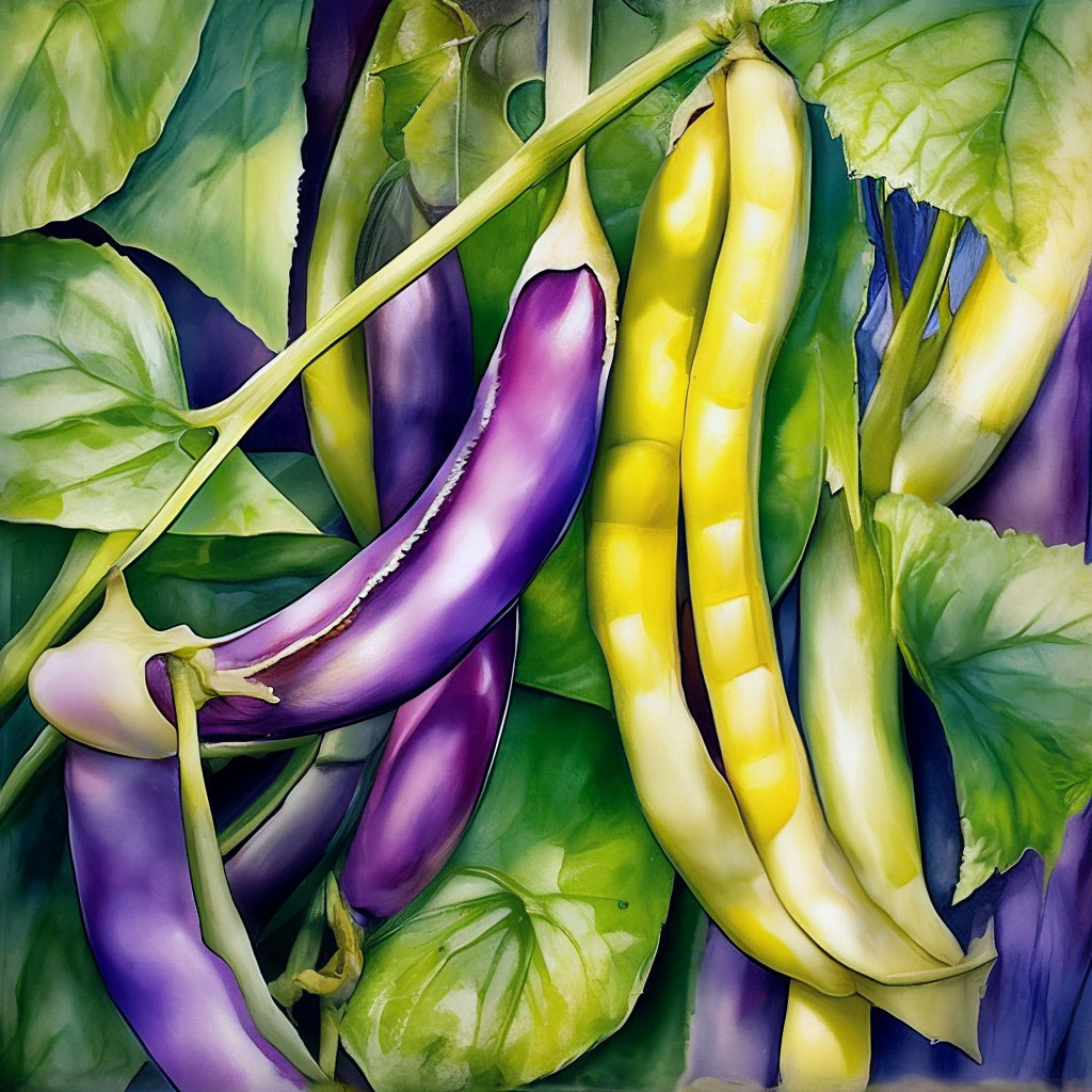 "Curly string beans yellow, green, purple, with foliage, hedges ...