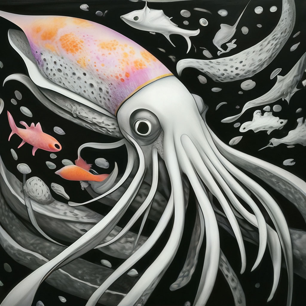 "Angry beautiful squid swims among huge colorful fish. wrapped in a ...