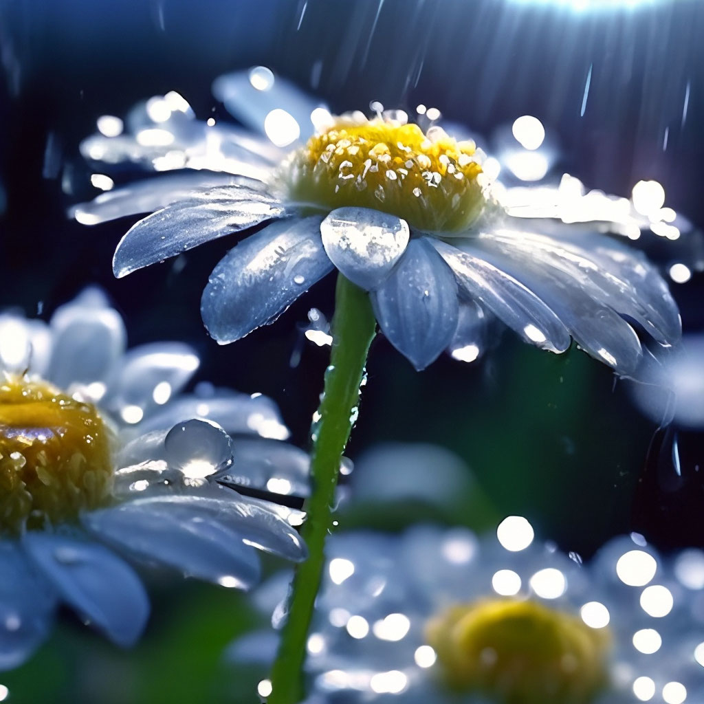 "Chamomile in the rays of moonlight, raindrops reflect the glow ...