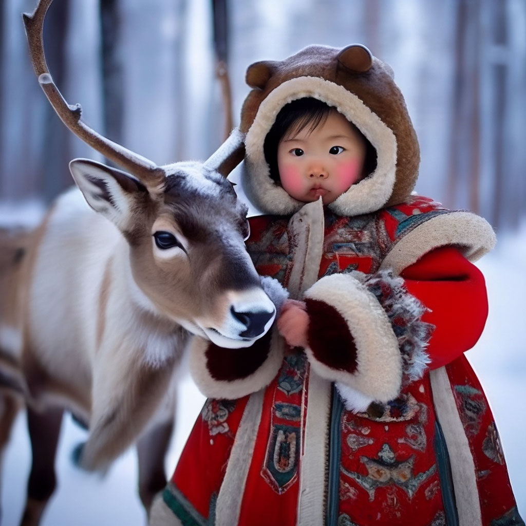 "Yakut children with deer are beautiful in winter" — image created in ...